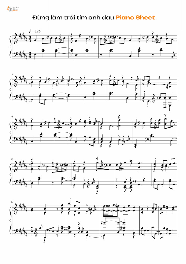Hợp âm, nốt nhạc bản nhạc Đừng làm trái tim anh đau piano sheet